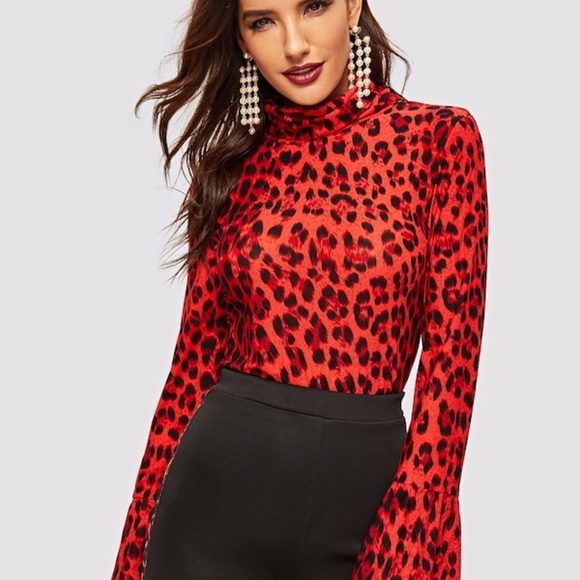 Tops | New Red Leopard Print Bell Sleeve Turtleneck | Poshmark